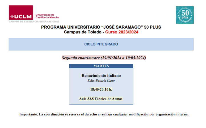 Horario Segundo Cuatrimestre | Programa Universitario José Saramago 50 Plus – Toledo
