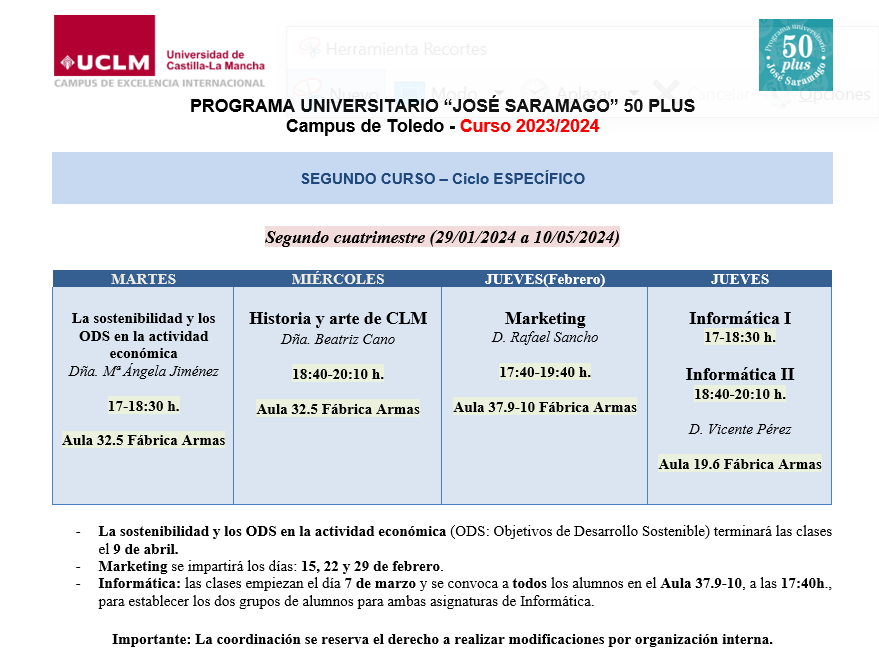 Horario Segundo Cuatrimestre | Programa Universitario José Saramago 50 Plus – Toledo